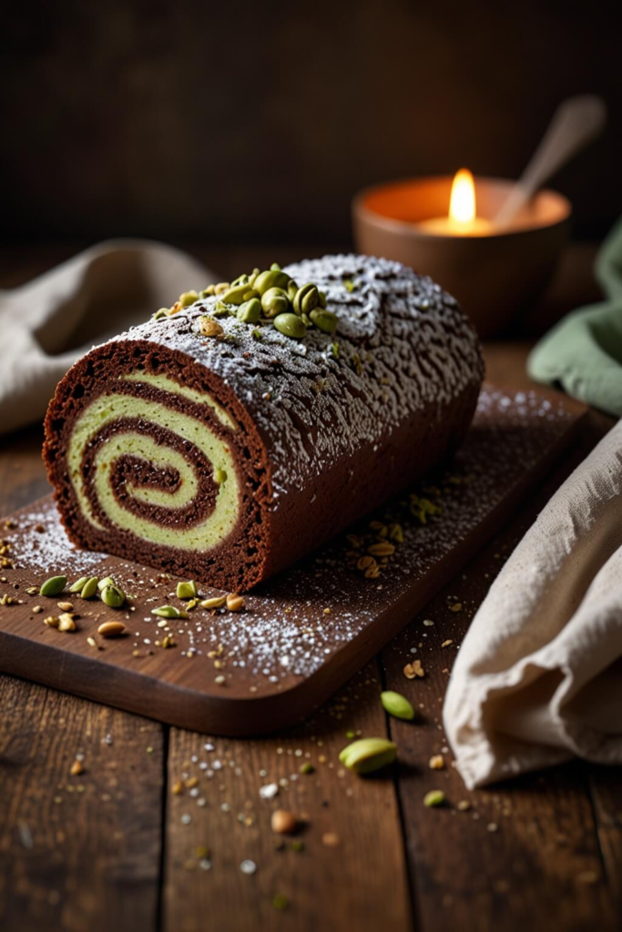 Roulé suisse au chocolat et pistache - Recette Traditionnelle et Gourmande